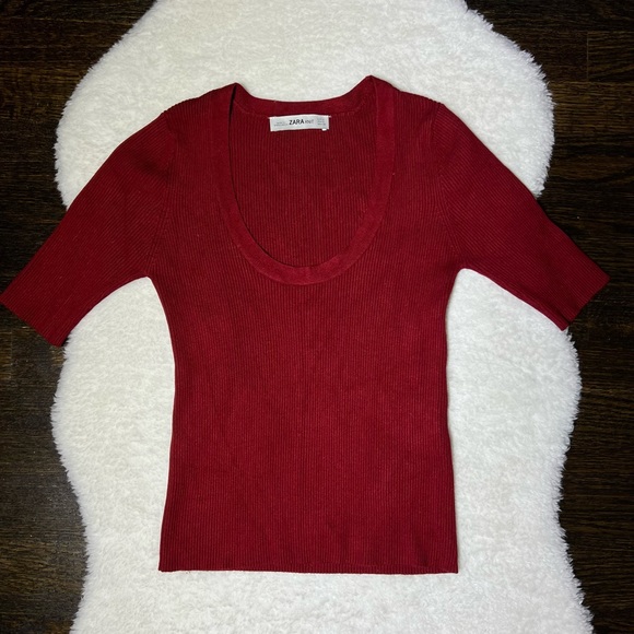 Zara | Sweaters | Zara Burgundy Red Rib Knit Half Sleeve Scoop Neck ...